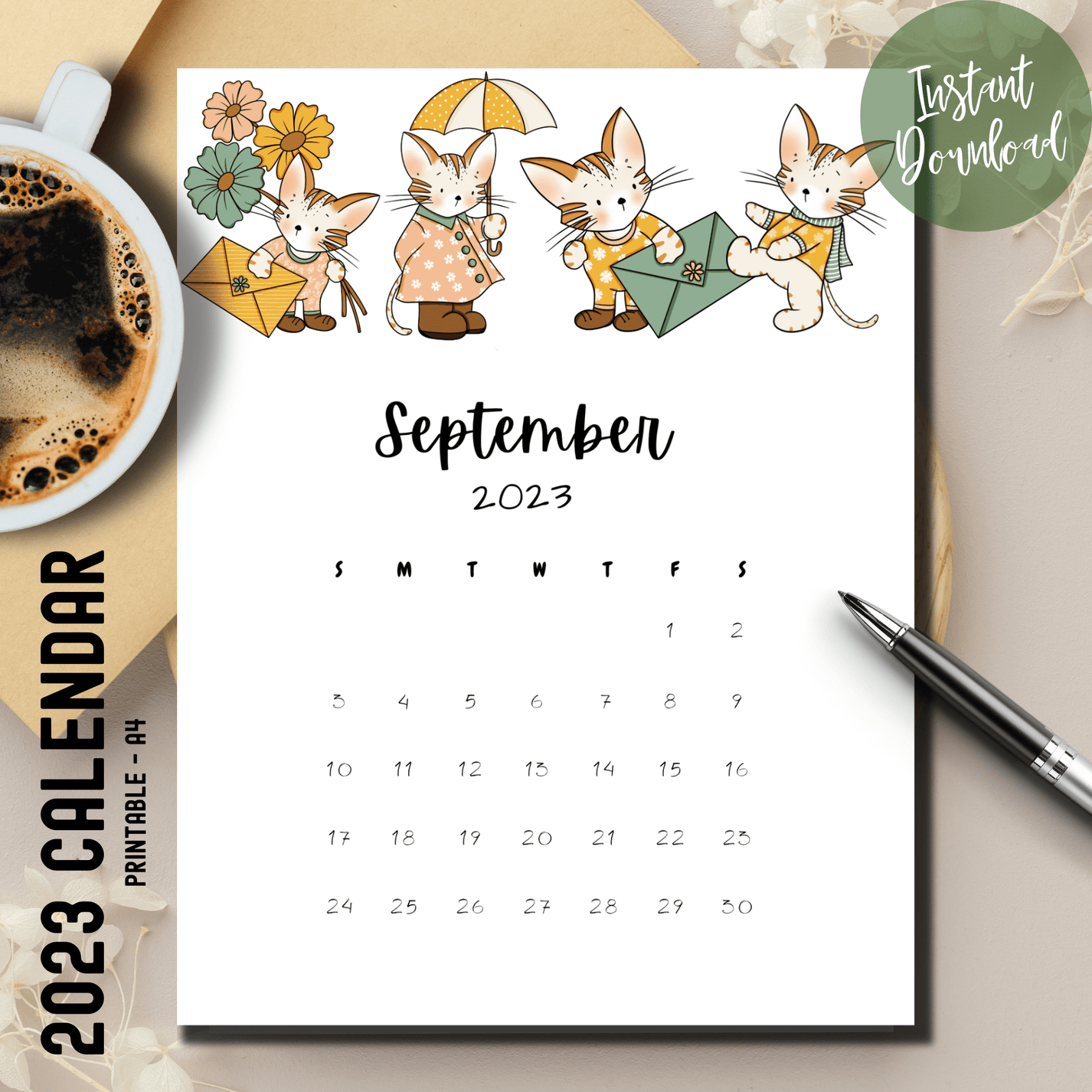 Free September Calendar Ideas 2023 Cat Theme Sunday Start | PDF ...