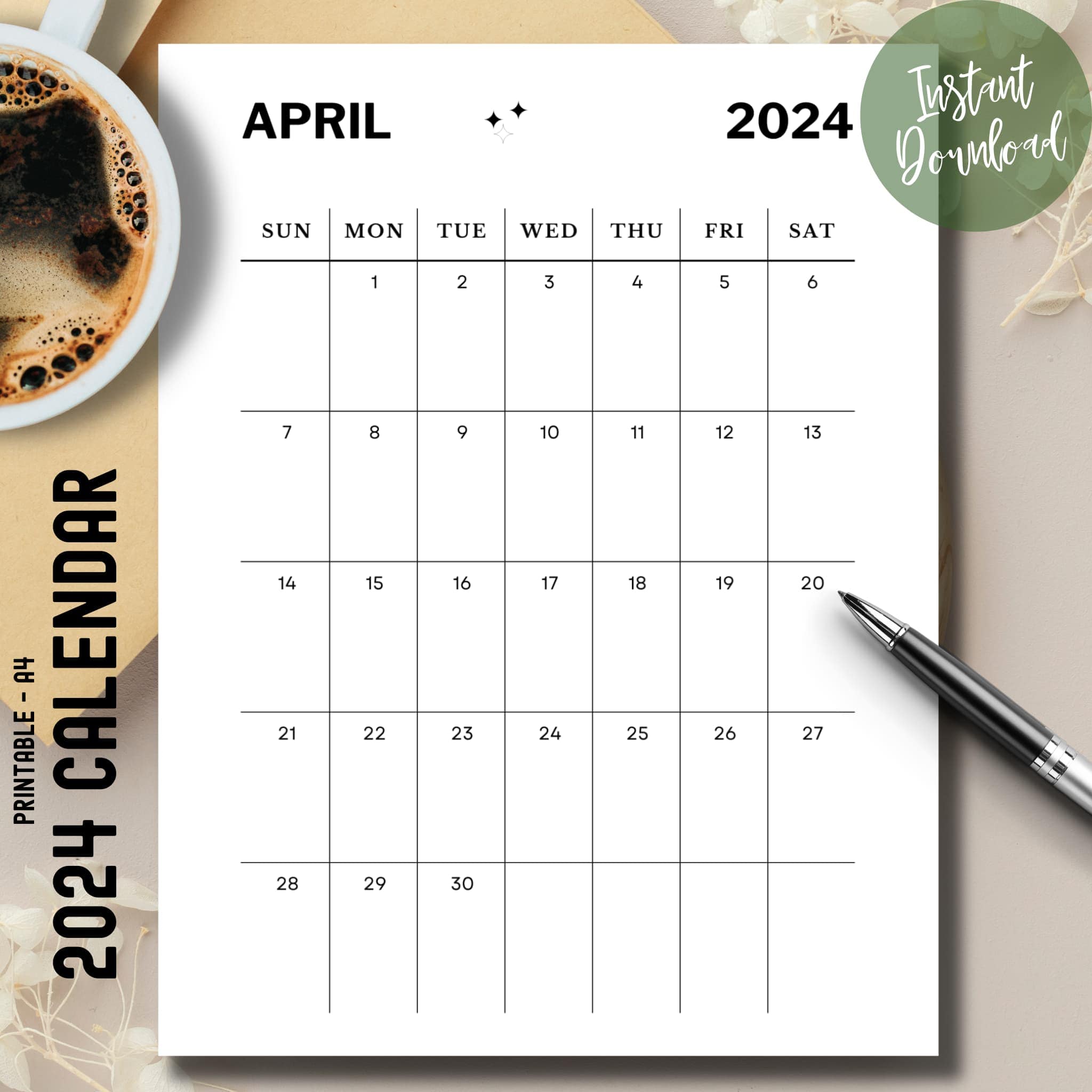 🗓️ April Black & White Minimalist Printable Monthly Calendar 2024 ...