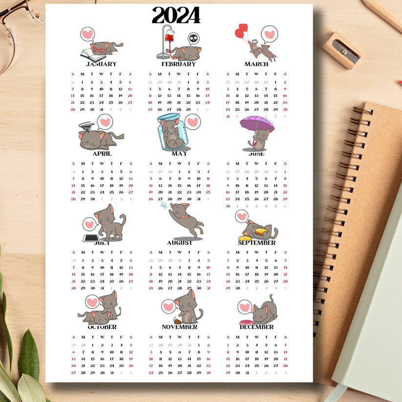 🐱 Cute Cat Illustrated 2024-25 Calendar | Free A4 PDF 📅 – SarsariCreations
