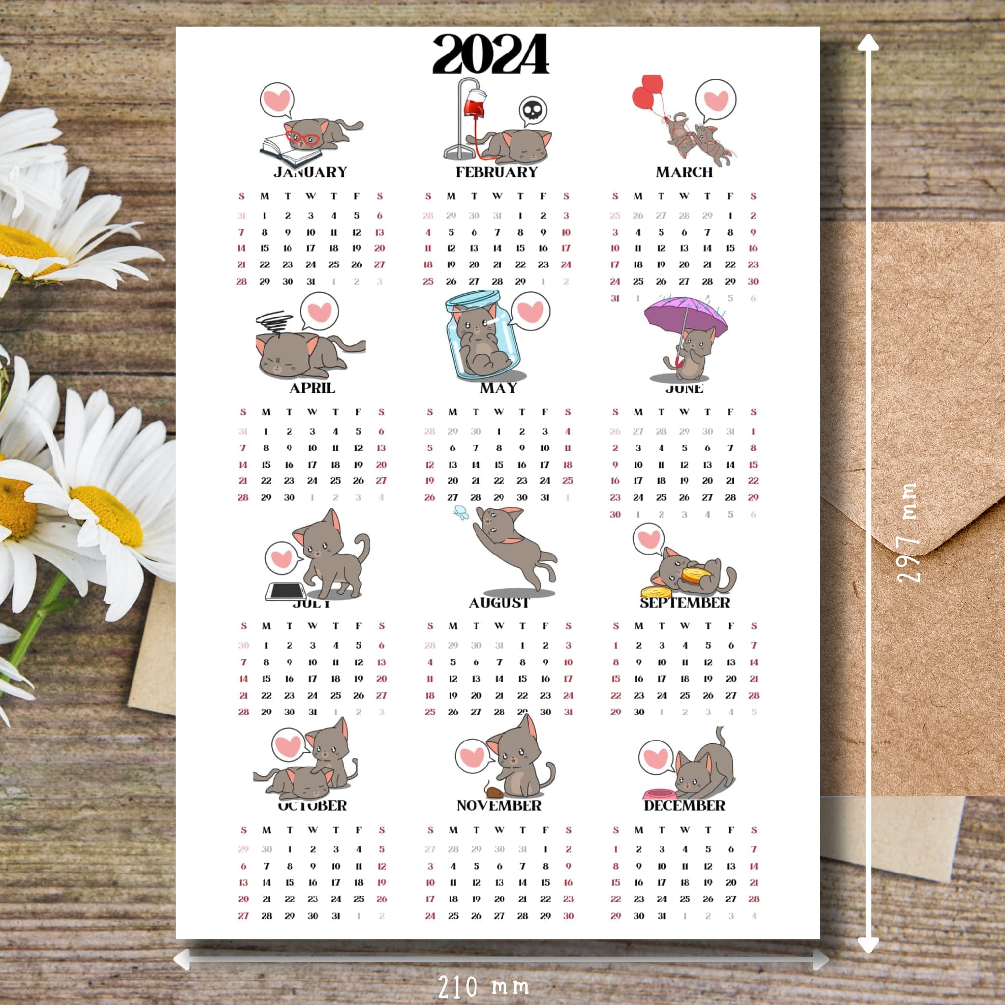 🐱 Cute Cat Illustrated 2024-25 Calendar | Free A4 PDF 📅 – SarsariCreations