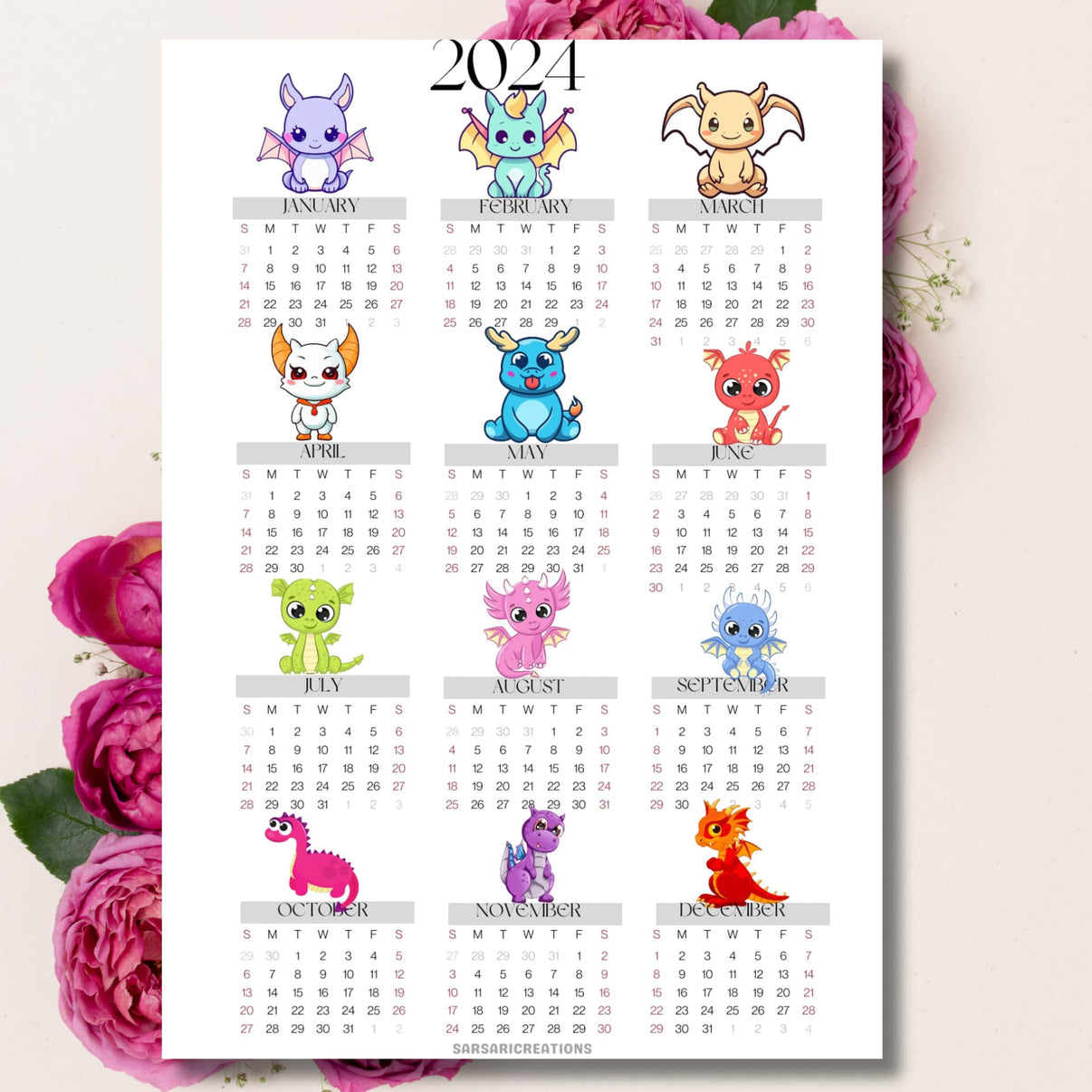 🐲 Free 2024-25 Dragon-Themed Printable Calendar | A4 One Page PDF 🗓️ – SarsariCreations