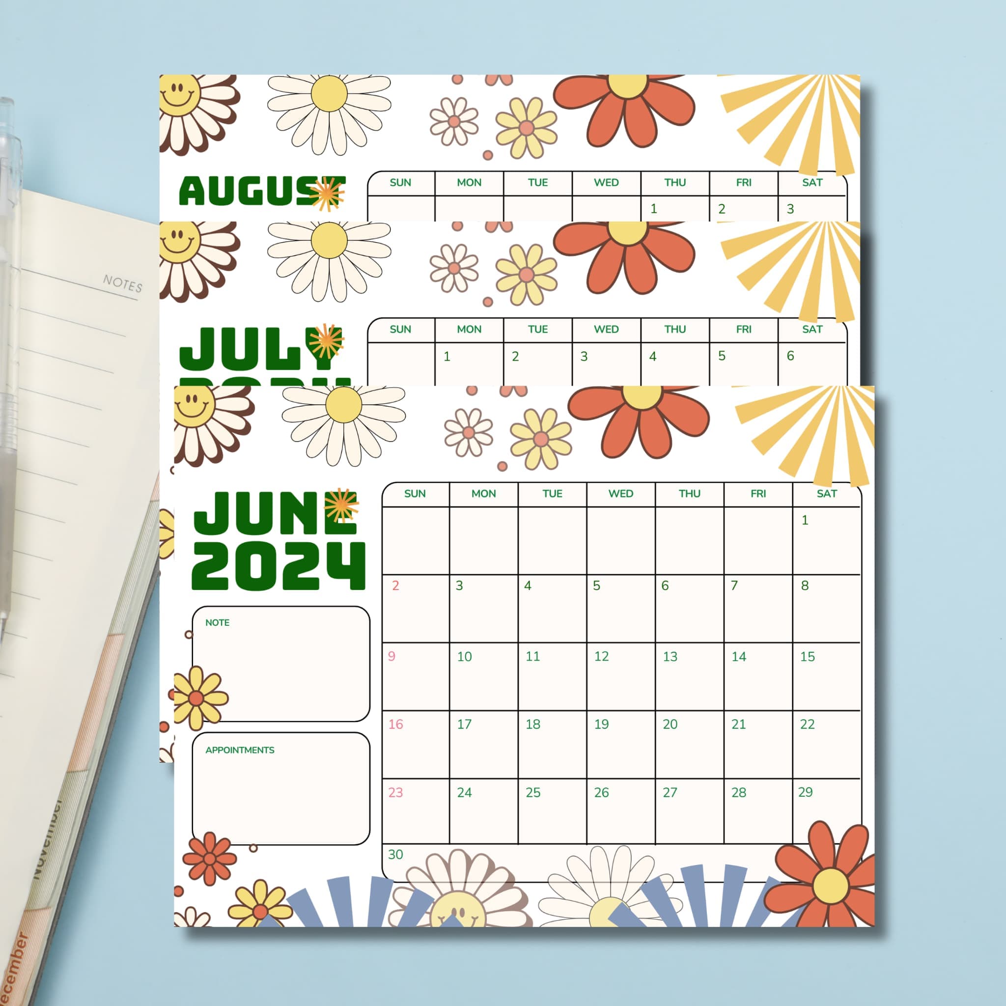 Free June, July & August 2024 Retro Printable Monthly Calendar | A4 PDF ...