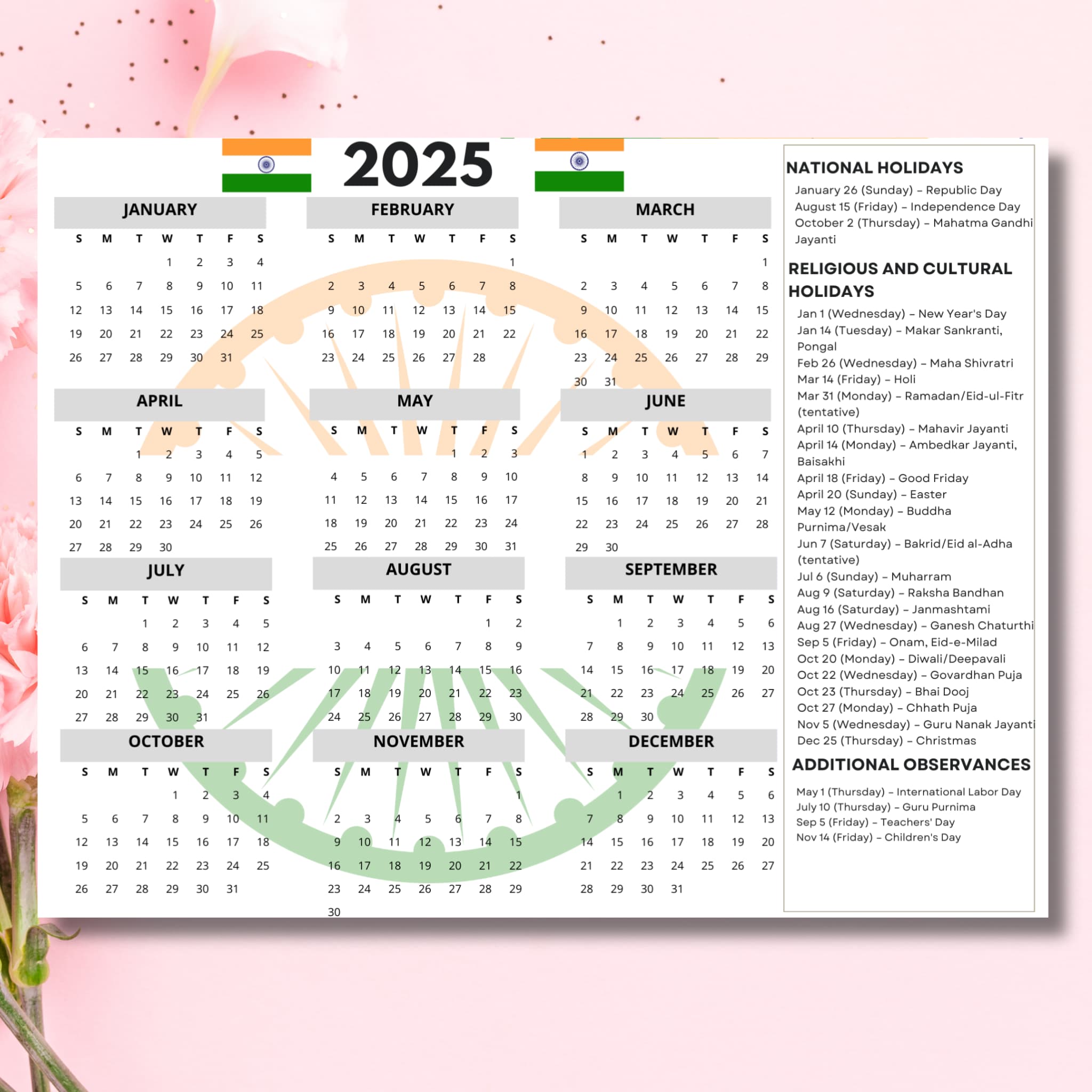 2025 Indian Printable Calendar 📅 | Free A4 PDF with Holidays ...
