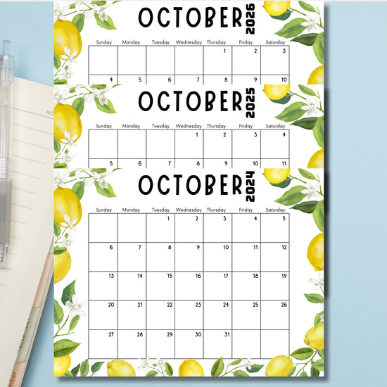 🍋 Free Lemon-Themed October Calendar 2024-2026 | Printable PDF 🌿 ...