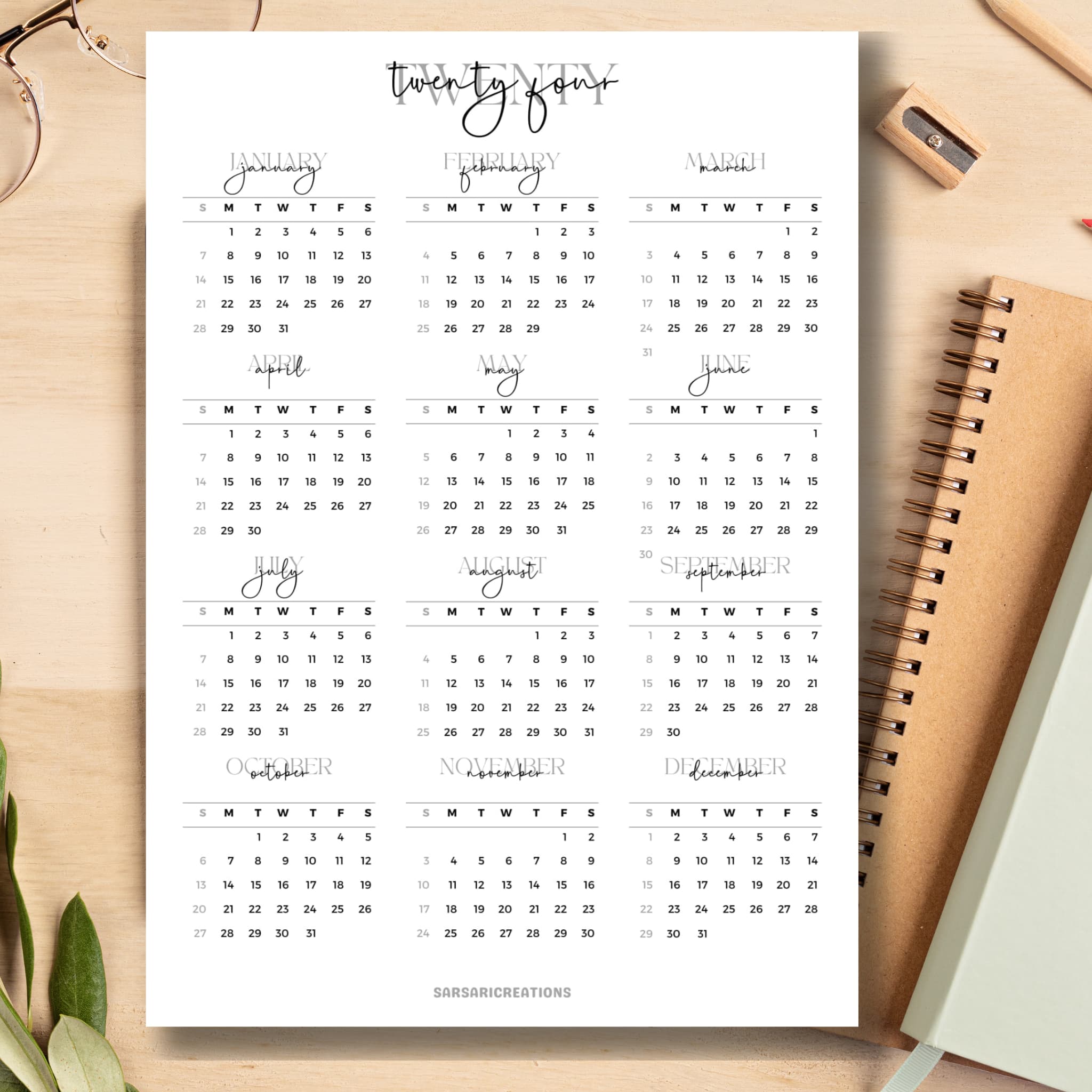 📅 Elegant Script Font 2024-25 Calendar PDF | A4, Sunday Start ️ ...